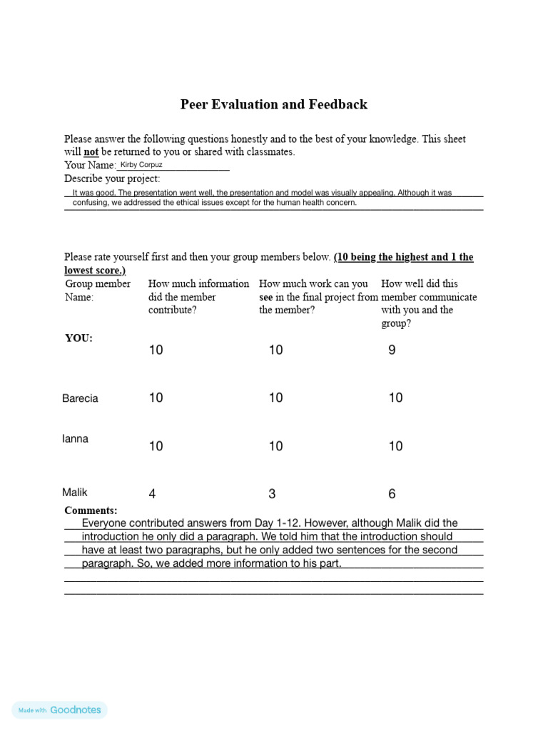 Peer Evaluation and Feedback Form | PDF