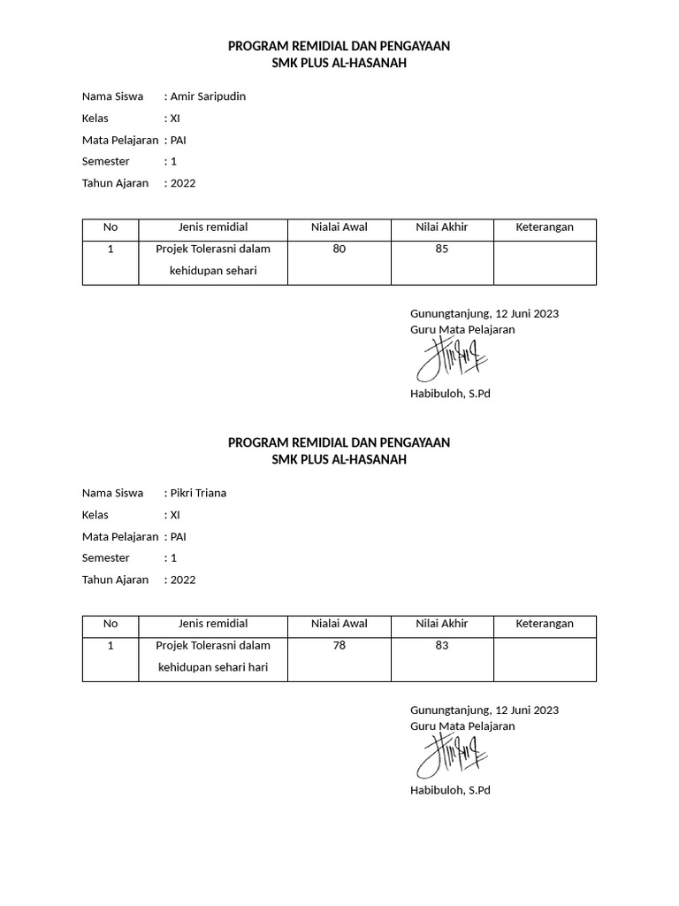 Dokumen Program Remidial | PDF