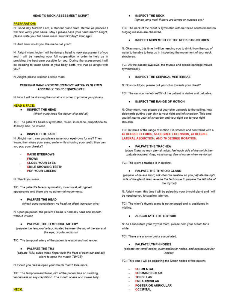 Head To Neck Assessment Script | PDF | Human Nose | Tongue