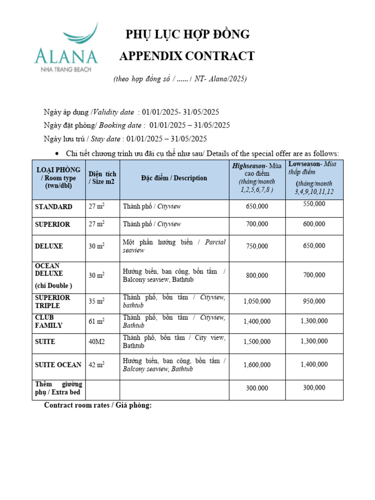 Appendix Contract 2025 - 2026 - Alana Nha Trang Beach Hotel | PDF