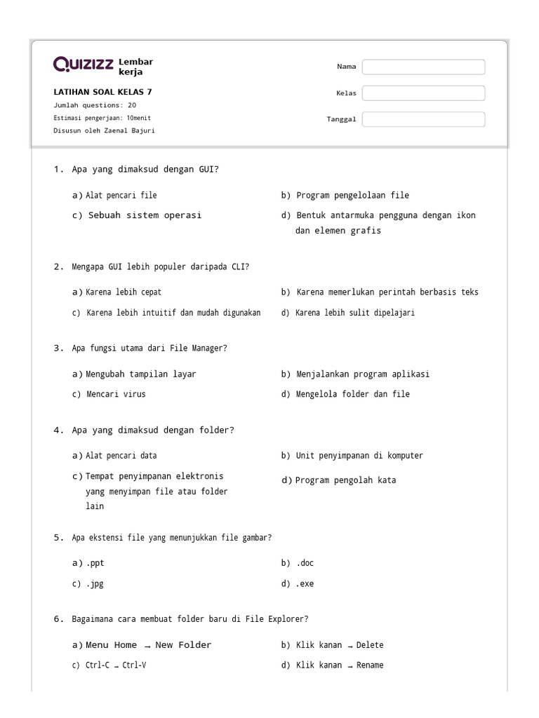 LATIHAN SOAL KELAS 7 - Quizizz | PDF