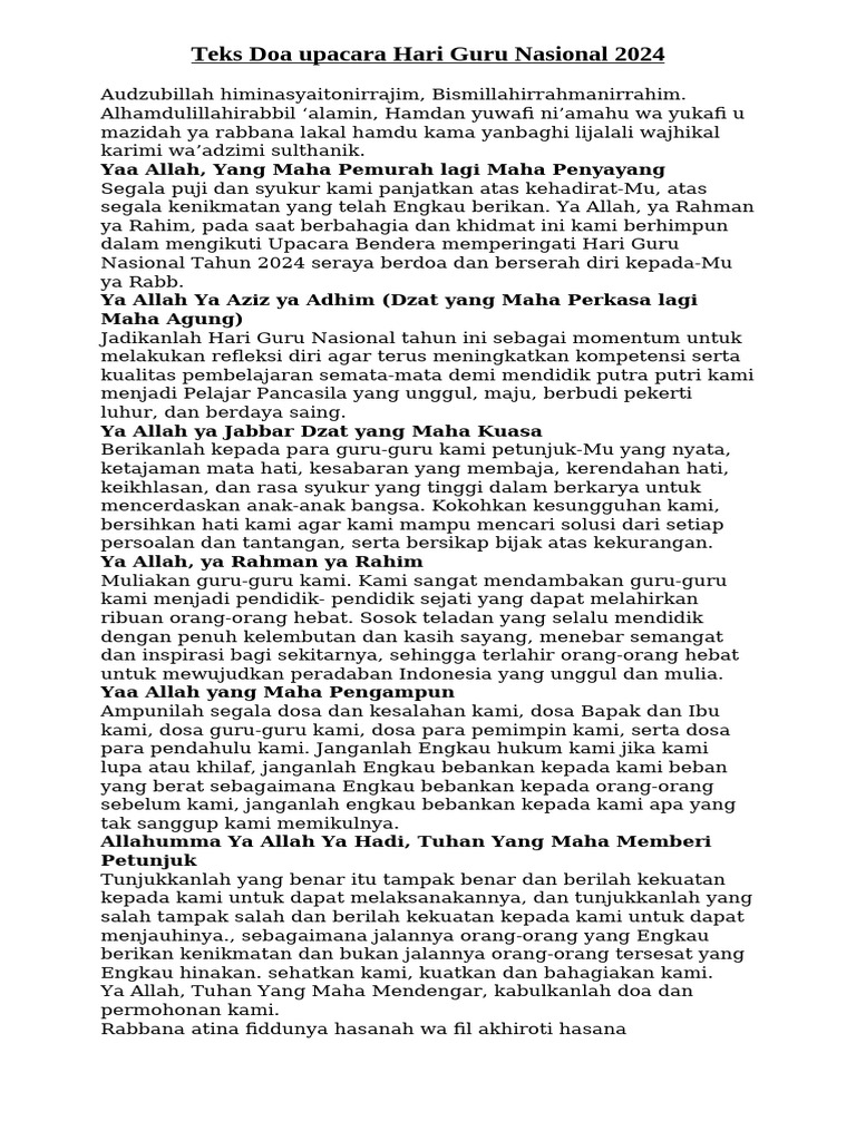 Teks Doa Upacara Hari Guru Nasional 2024 | PDF