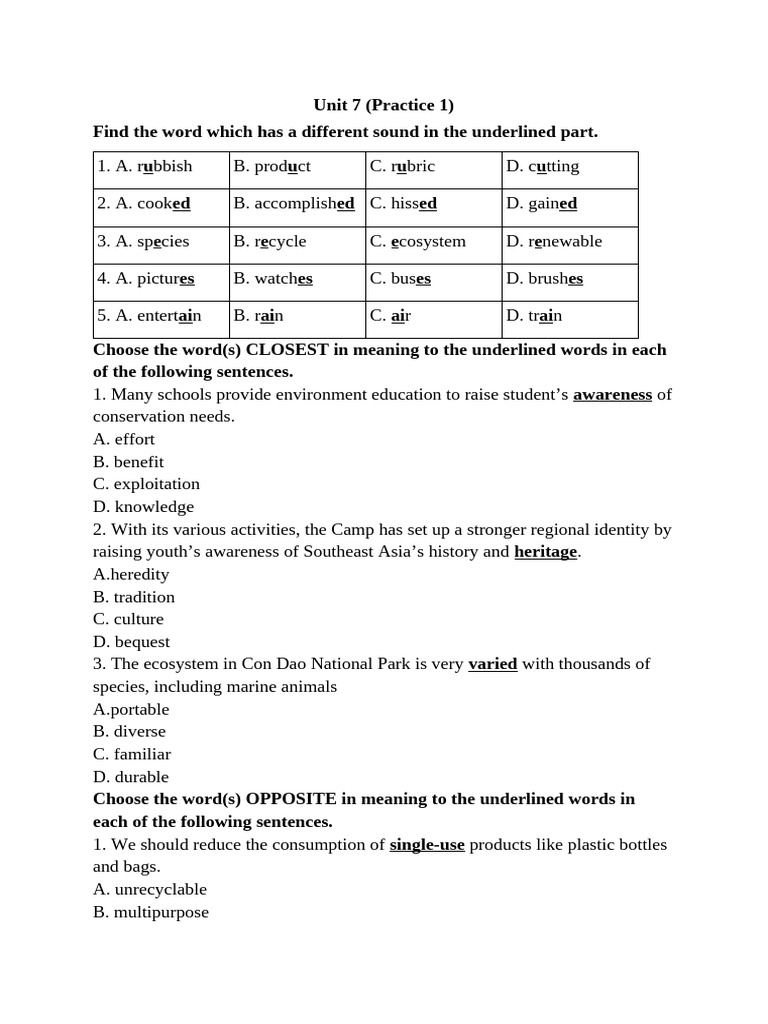 Sound Differentiation and Vocabulary Exercises | PDF | Water Pollution ...