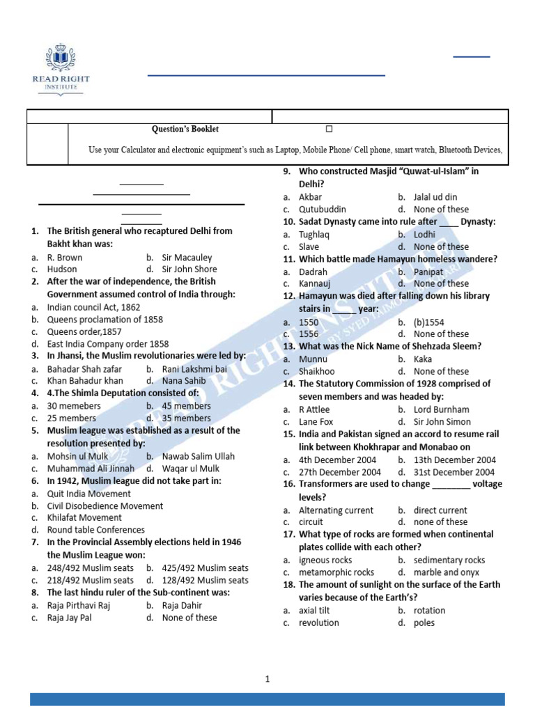CSS MPT Mock Test 1 - | PDF | All India Muslim League | Rock (Geology)
