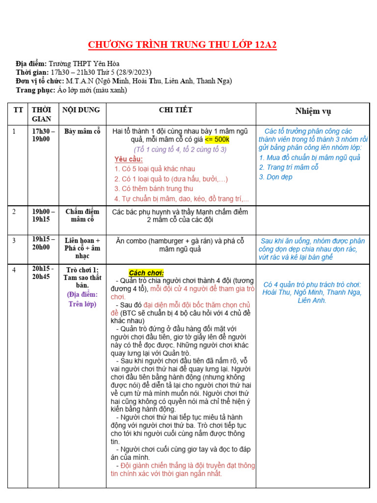Chương Trình Trung Thu Lớp 12a2 | PDF