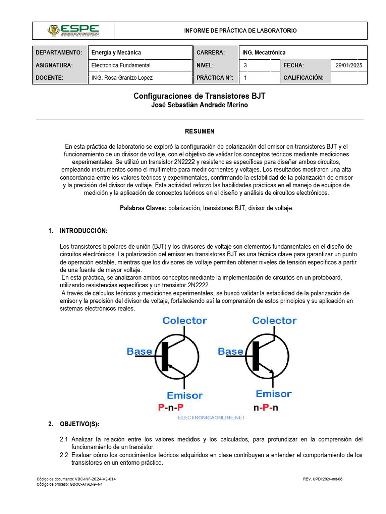 INF PRACTICA LABORATORIO Sebastian P2 | PDF | Transistor de unión bipolar | Transistor