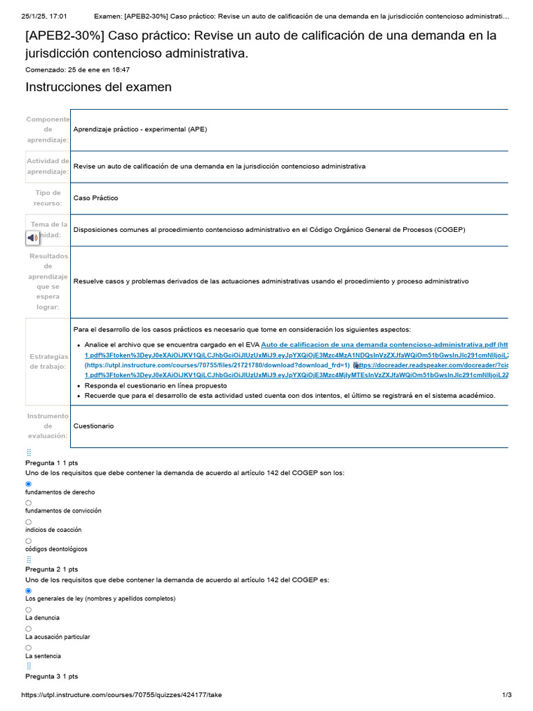 Examen - (APEB2-30%) Caso Práctico - Revise Un Auto de Calificación de Una Demanda en La ...
