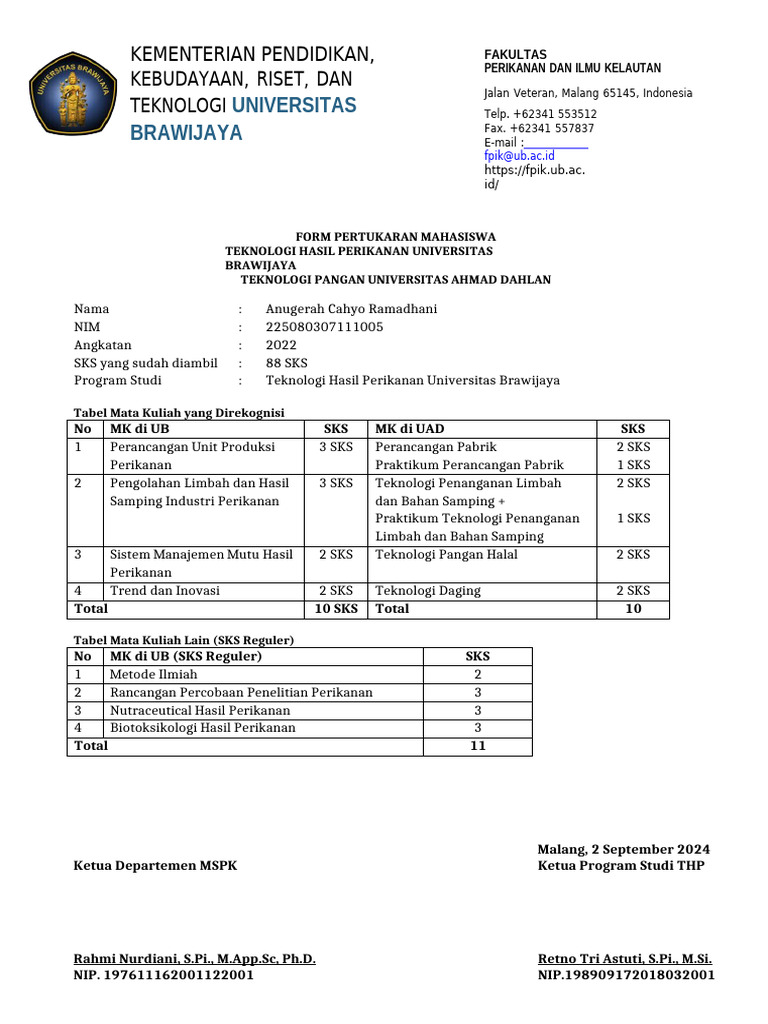 FORM PERNYATAAN MAHASISWA PMM THP UB - UAD Dhani | PDF