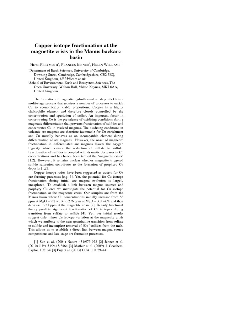 Copper Isotope Fractionation at The Magnetite Crisis in The Manus ...