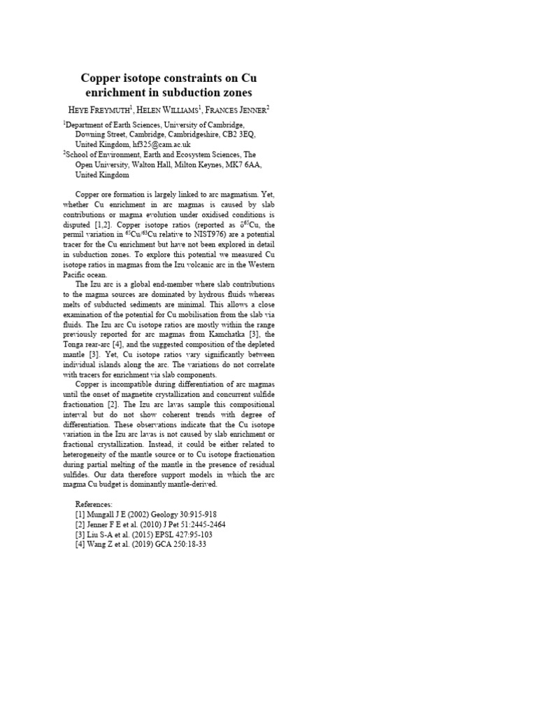 Copper Isotope Constraints On Cu Enrichment in Subduction Zones | PDF