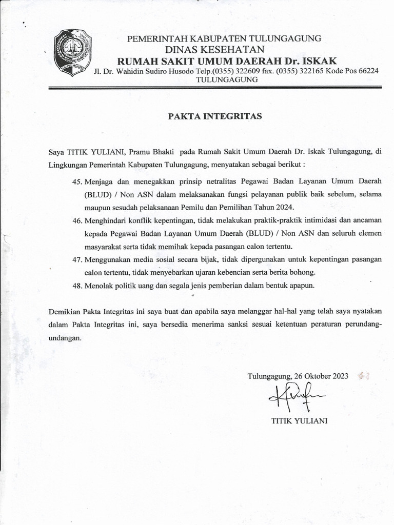 Pakta Integritas CSSD Laundry-6 | PDF