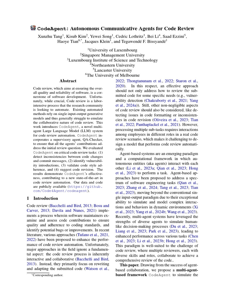Codeagent:: Autonomous Communicative Agents For Code Review | PDF | Agent Based Model | Software Bug
