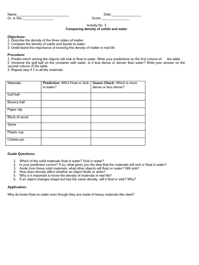 Density Comparison of Solids and Water | PDF