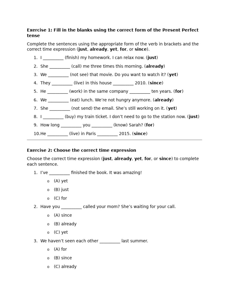 Present Perfect Time Expressions Exercise | PDF | Linguistics | Grammar