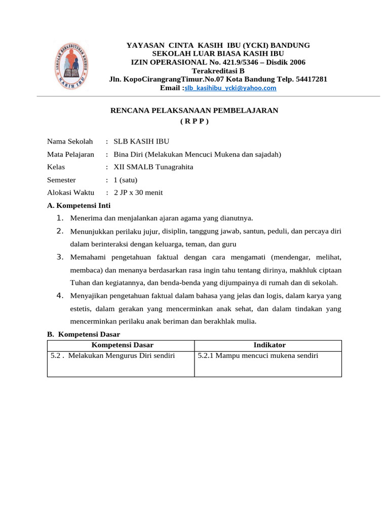 RPP Bina Diri Kelas XI SMALB 2022 RATNA | PDF