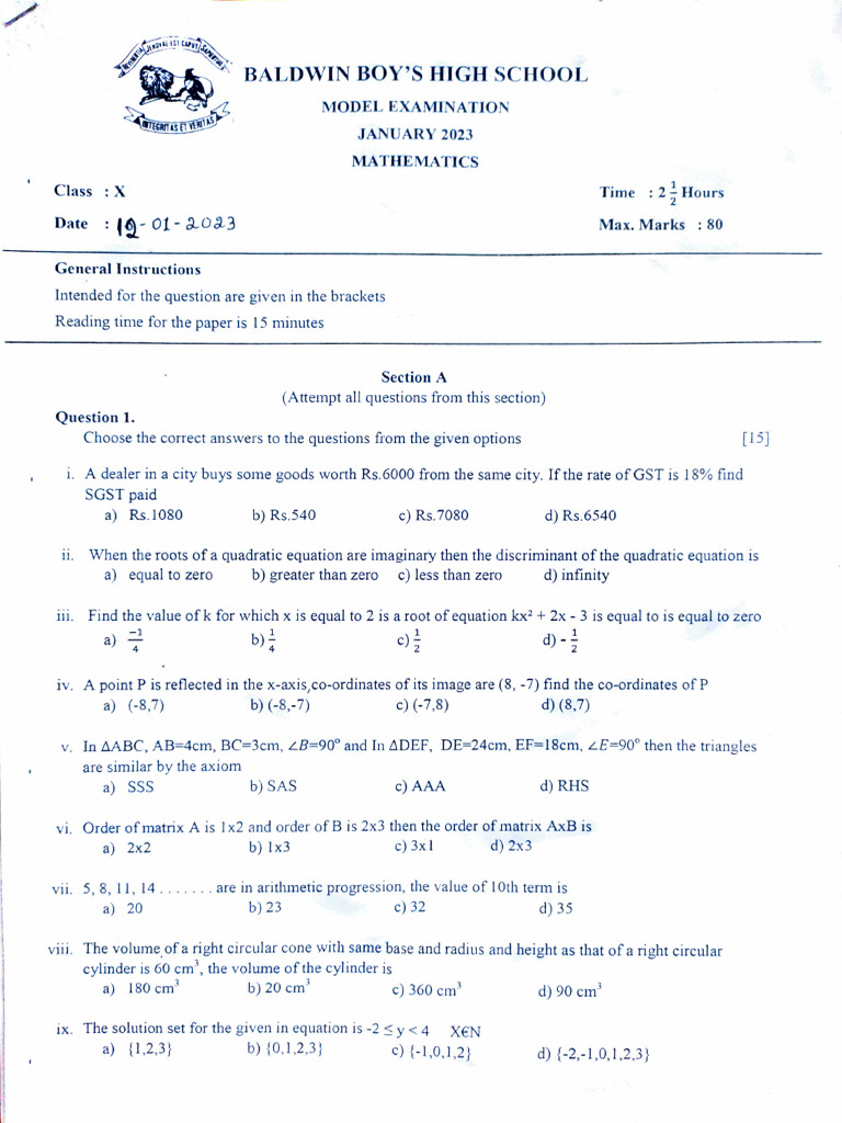 BBHS Model Examination question paper | PDF | Mathematical Concepts ...