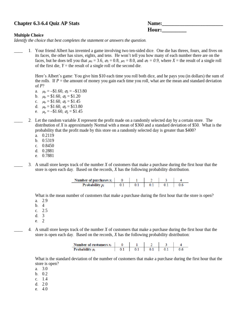AP Stats 6.3-6.4 Quiz on Distributions | PDF | Probability Distribution ...
