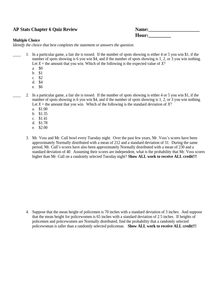 AP Stats Chapter 6 Quiz Review | PDF | Standard Deviation | Normal ...