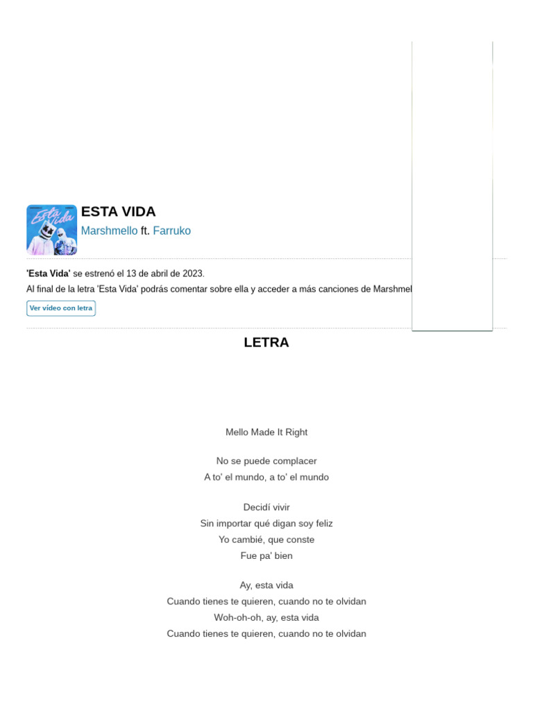 Letra de "Esta Vida" - Marshmello ft. Farruko | PDF