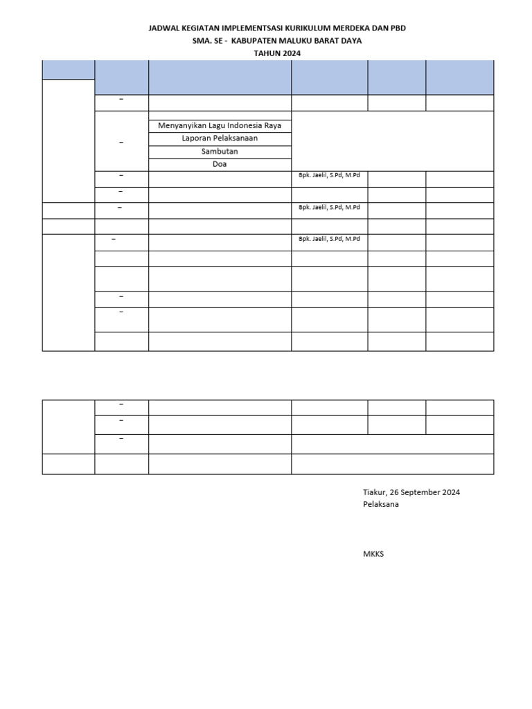 JADWAL KEGIATAN IMPLEMENTASI KURIKULUM MERDEKA - Copy-1 | PDF