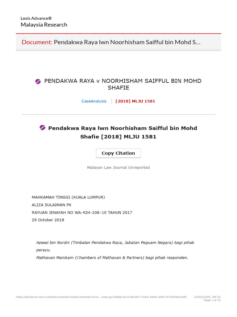 Pendakwa Raya LWN Noorhisham Saifful Bin Mohd Shafie (2018) MLJU 1581 | PDF