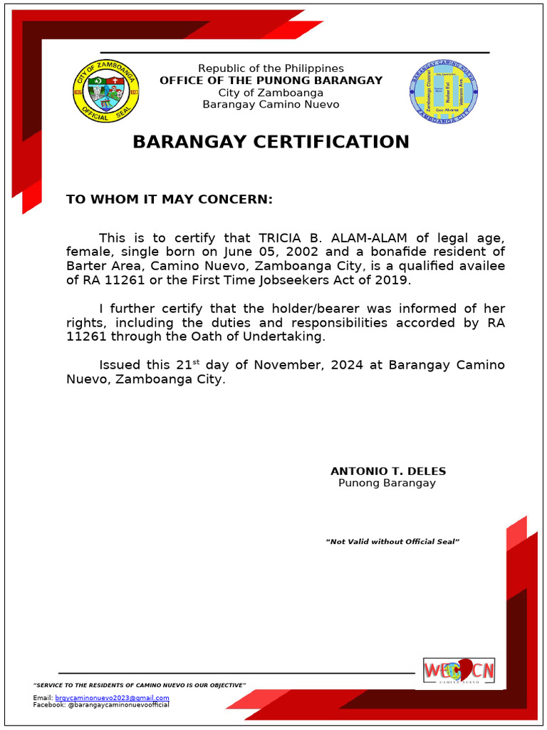 BARANGAY CERTIFICATE FOR FIRST TIME JOBSEEKER(TRICIA) | PDF