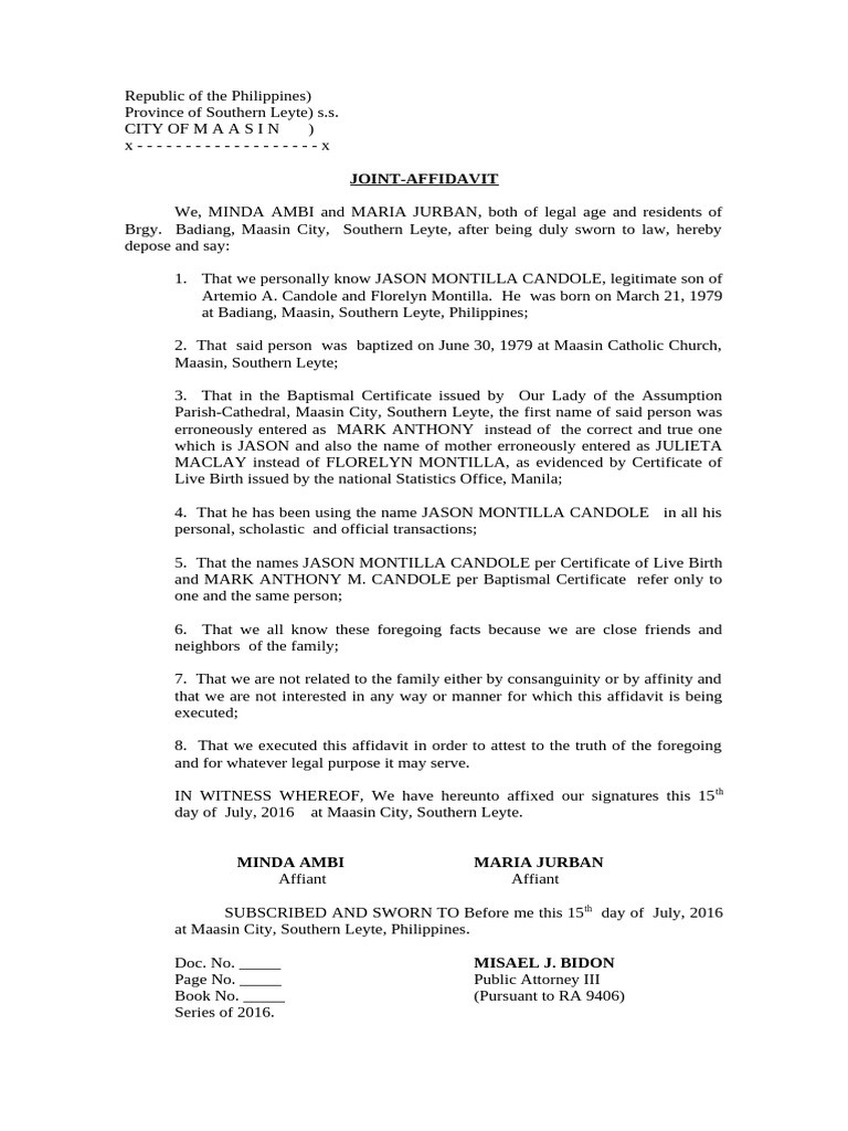 Joint Affidavit-Baptismal-Correction of First Namejason Candole | PDF ...