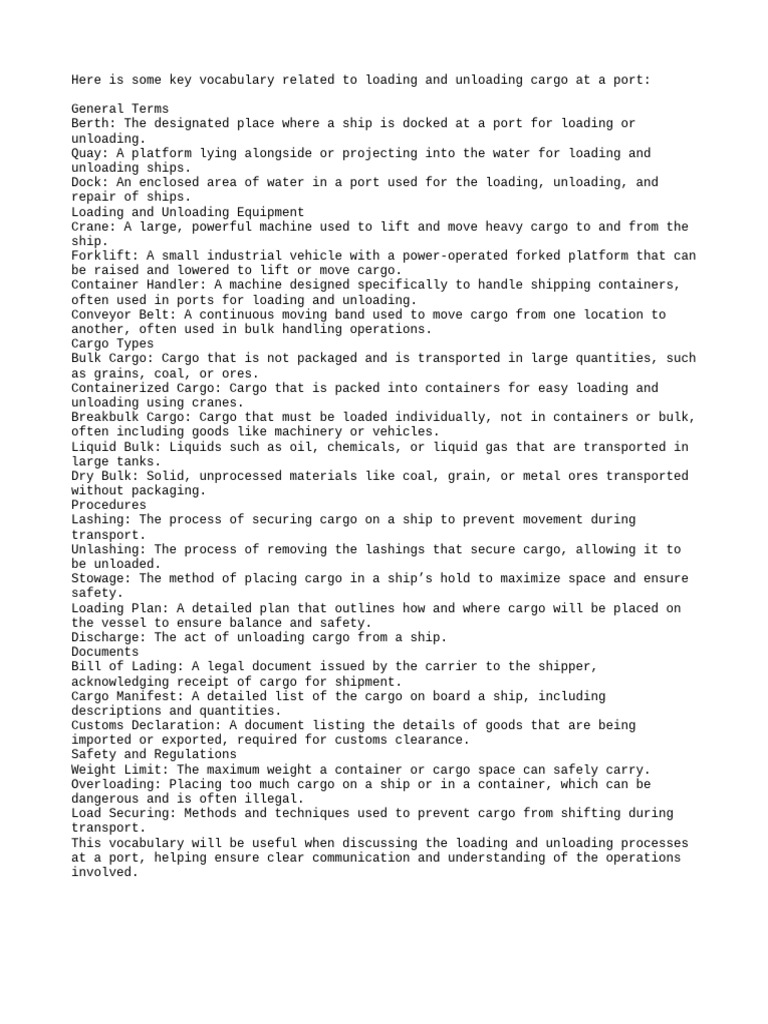 Port Cargo Handling Vocabulary Guide | PDF | Cargo | Ships