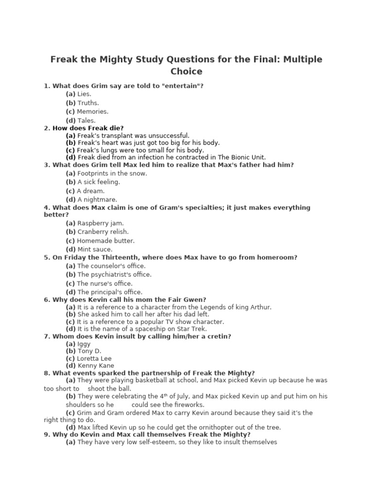 Freak The Mighty Final Study Questions | PDF