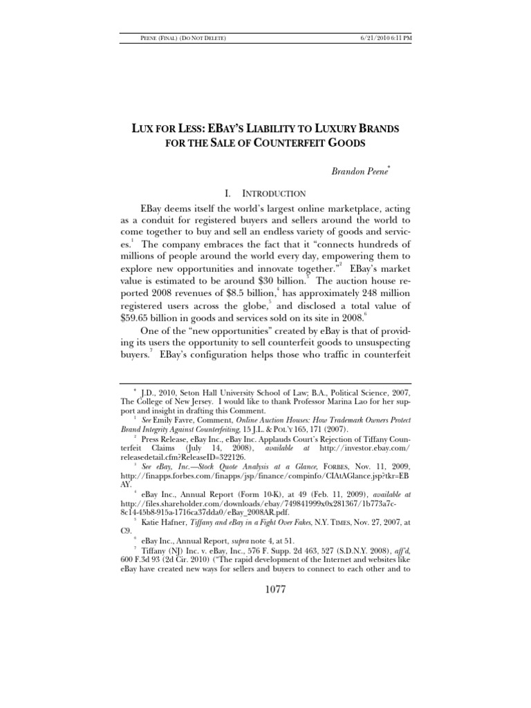 Lux For Less - Ebays Liability To Luxury Brands For The Sale of C | PDF ...