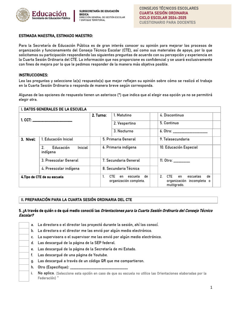 Cuestionario CTE Cuarta Sesión 2024-2025 | PDF | Educación de la ...