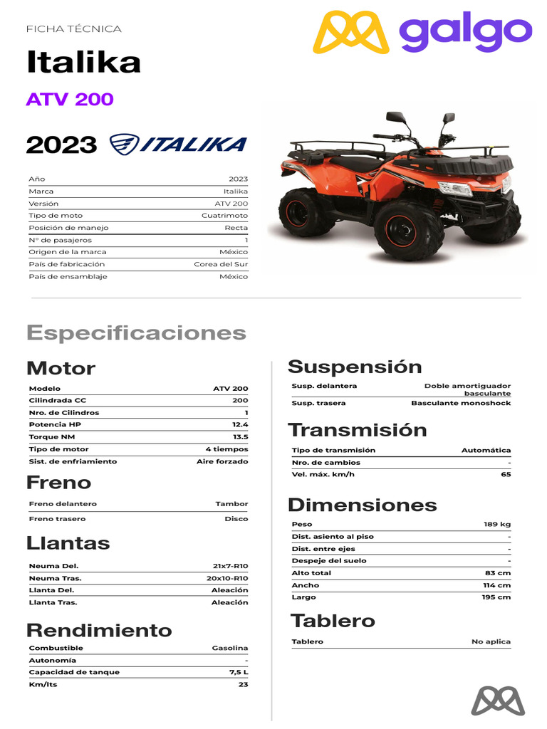 Ficha T Cnica Italika ATV 200 Galgo M Xico | PDF