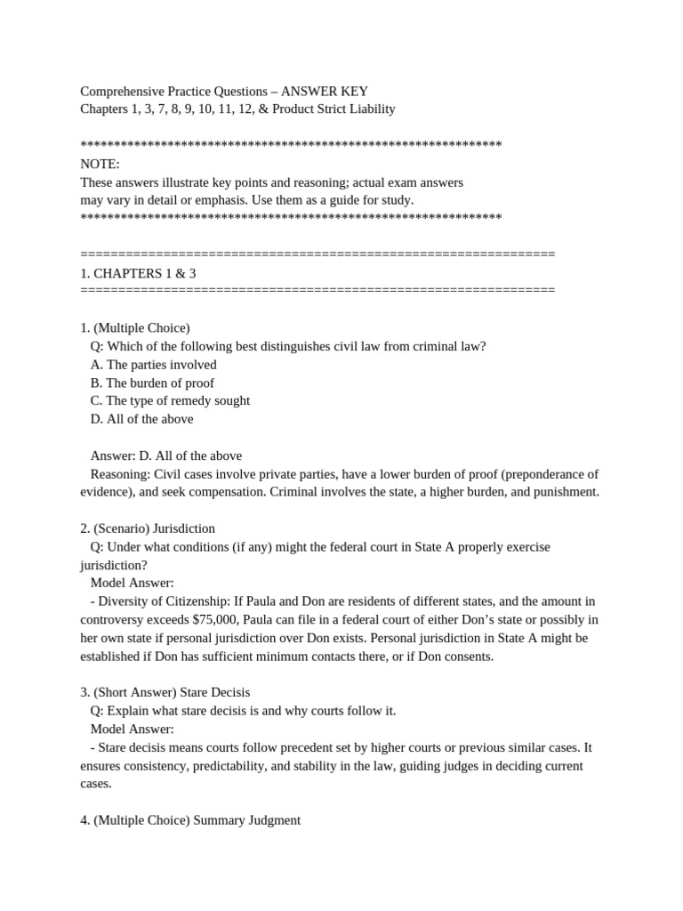 Comprehensive Practice Questions (KEY) | PDF | Negligence | Defamation