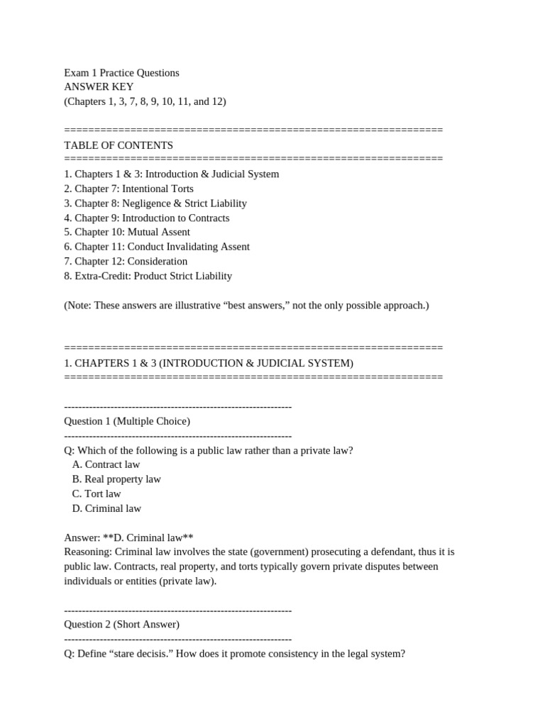 Exam 1 Practice Questions & Answers | PDF | Negligence | Causation (Law)