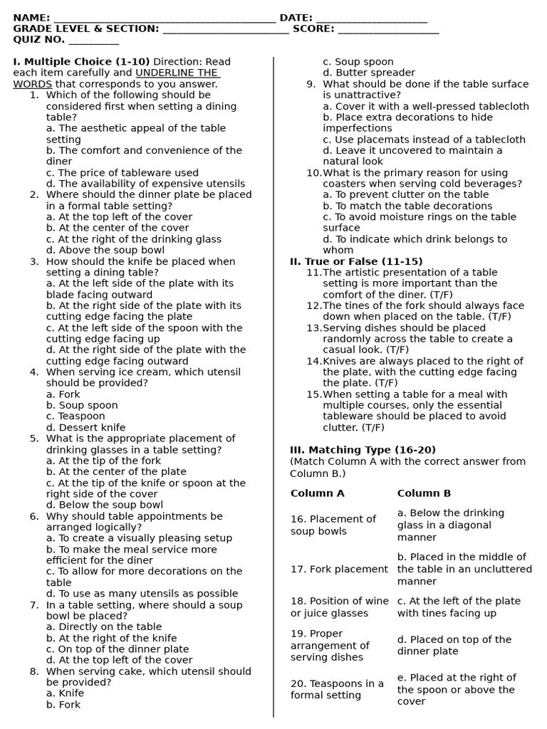 HS 1O-QUARTER 4-QUIZ NO. 1docx | PDF | Tableware | Spoon