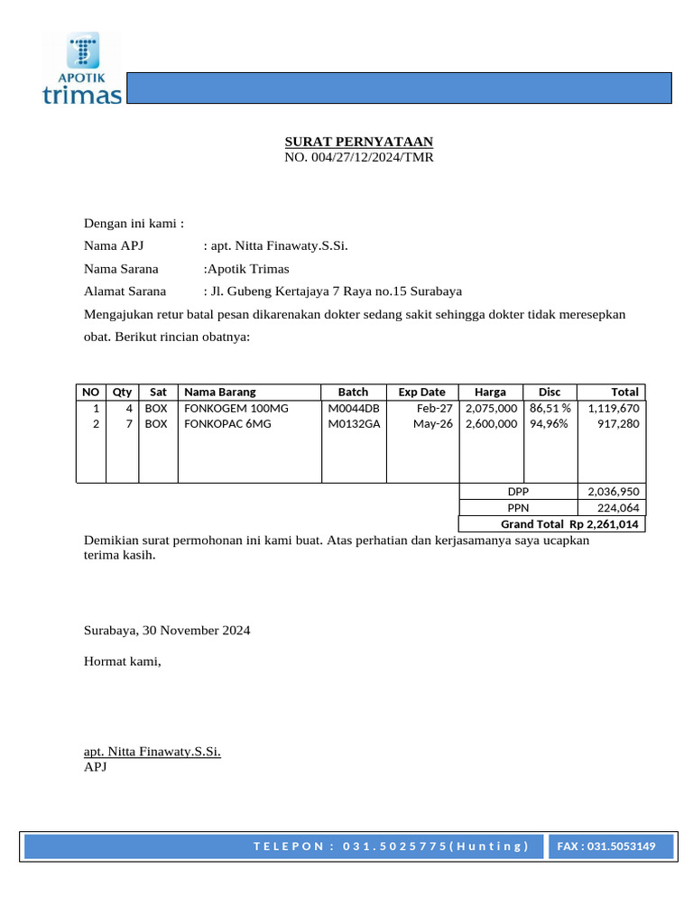 surat pernyataan retur | PDF