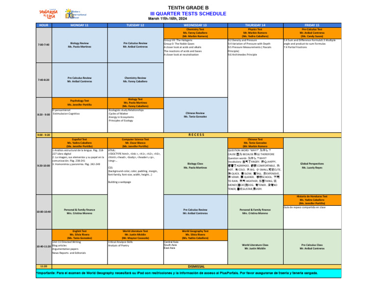 III Quarter Final Exam Schedule (Students) - 10B SRL | PDF | Chemistry