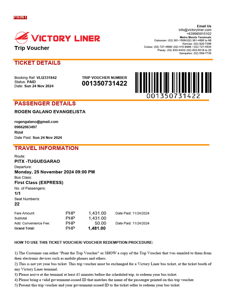 Victory Liner Trip Voucher Details | PDF | Credit Card | Transport