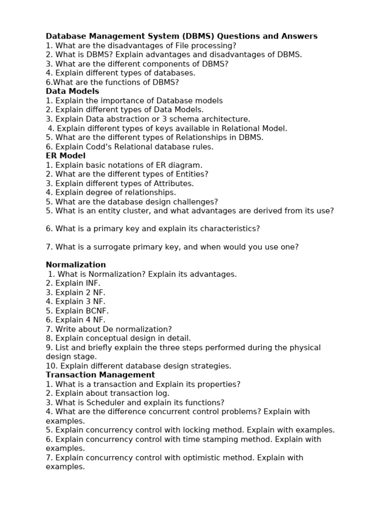 Database Management System Important Questions Chapterwise Pdf 6646