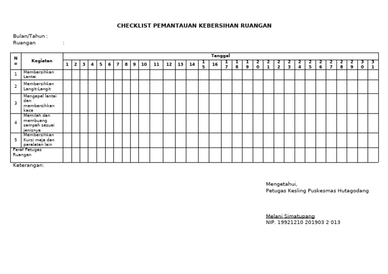 Contoh Formulir Pemantauan Kebersihan | PDF