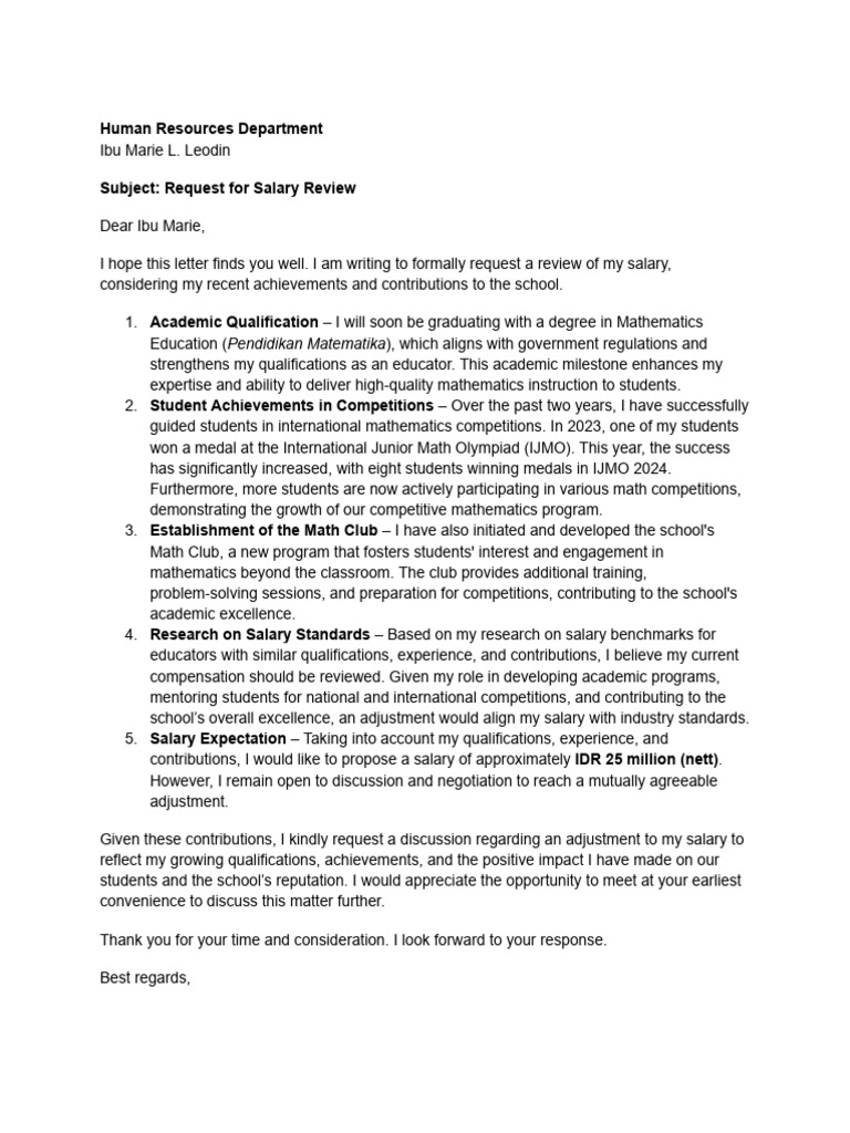 Salary Review Request for Educator | PDF | Cognition | Learning