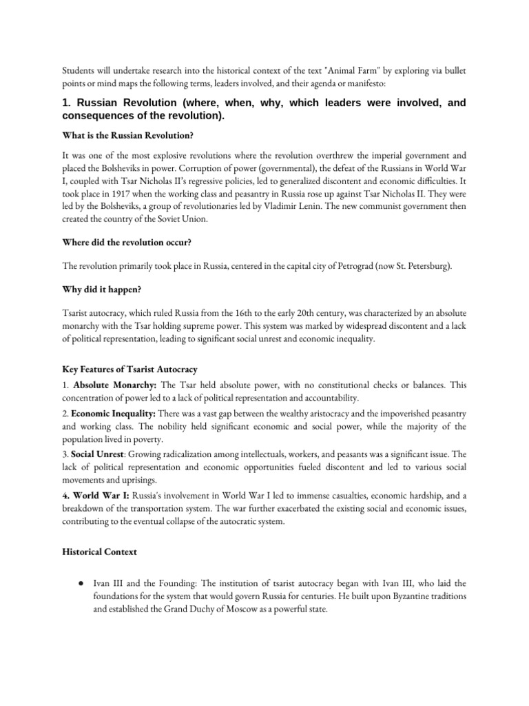 Russian Revolution Research - Relation To - Animal Farm - Audrey ...