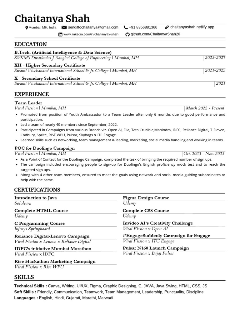 Chaitanya Shah Resume | PDF