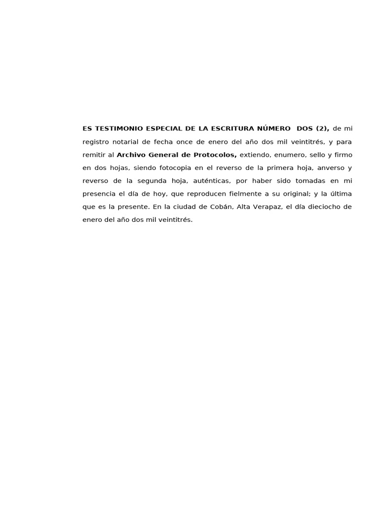 Testimonio Notarial Cobán 2023 | PDF