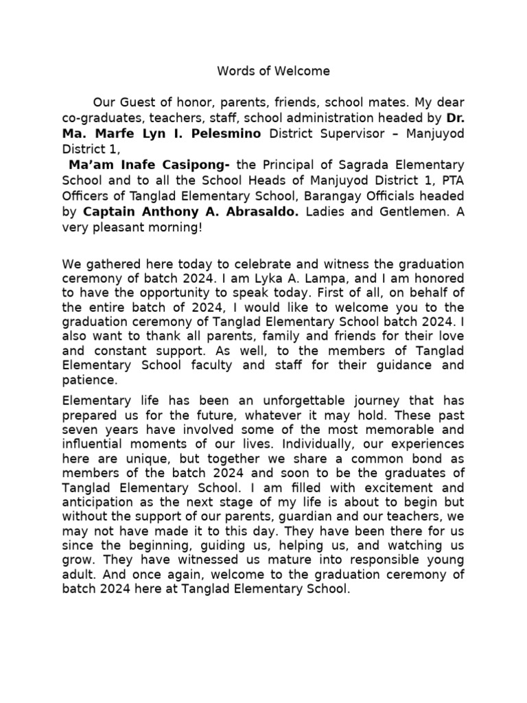 Graduation Ceremony Welcome Speech 2024 | PDF