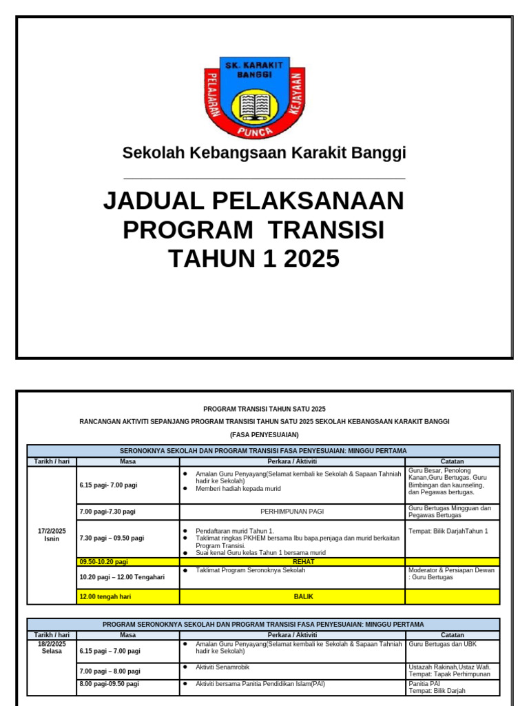 Jadual Program Transisi Tahun Satu 2025 (1) - 1 | PDF