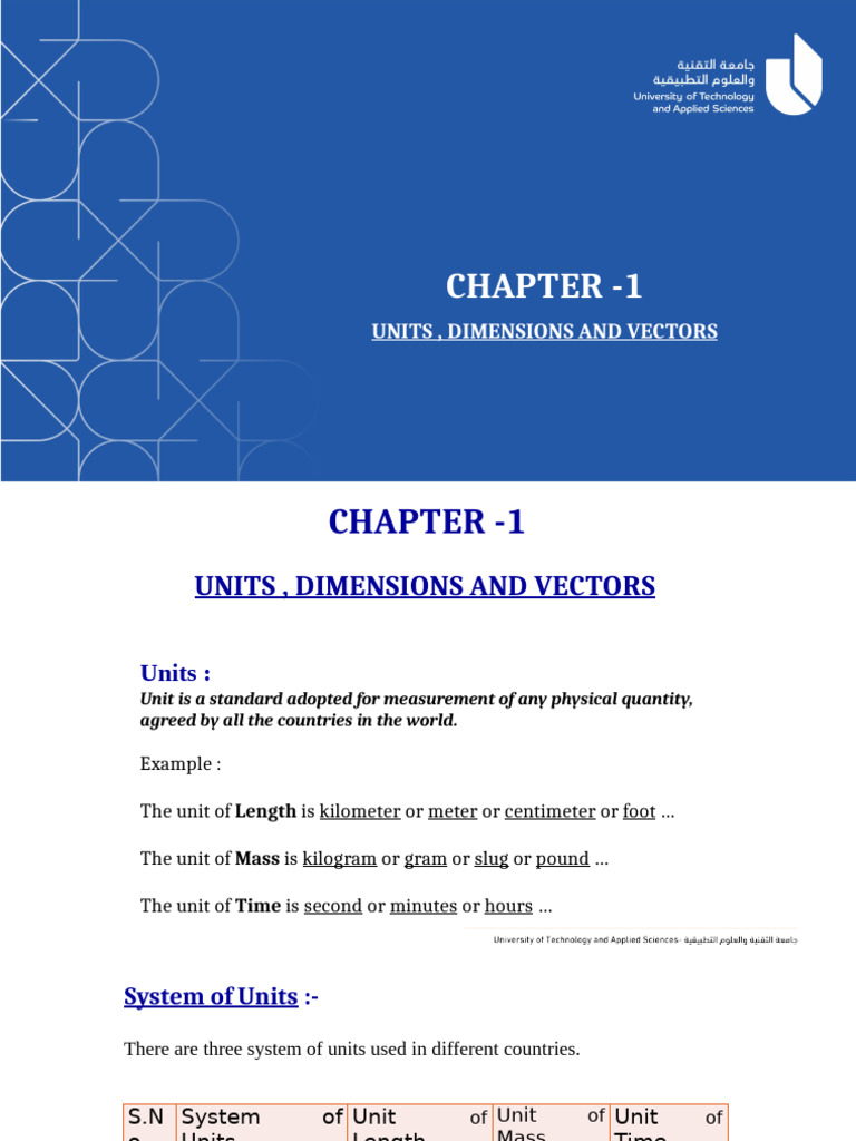 Chapter-1 Units, Dimensions and Vectors UTAS LOGO | PDF | Euclidean ...