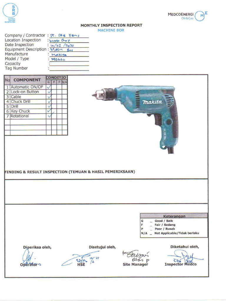 Inspection Bor Mesin Makita | PDF