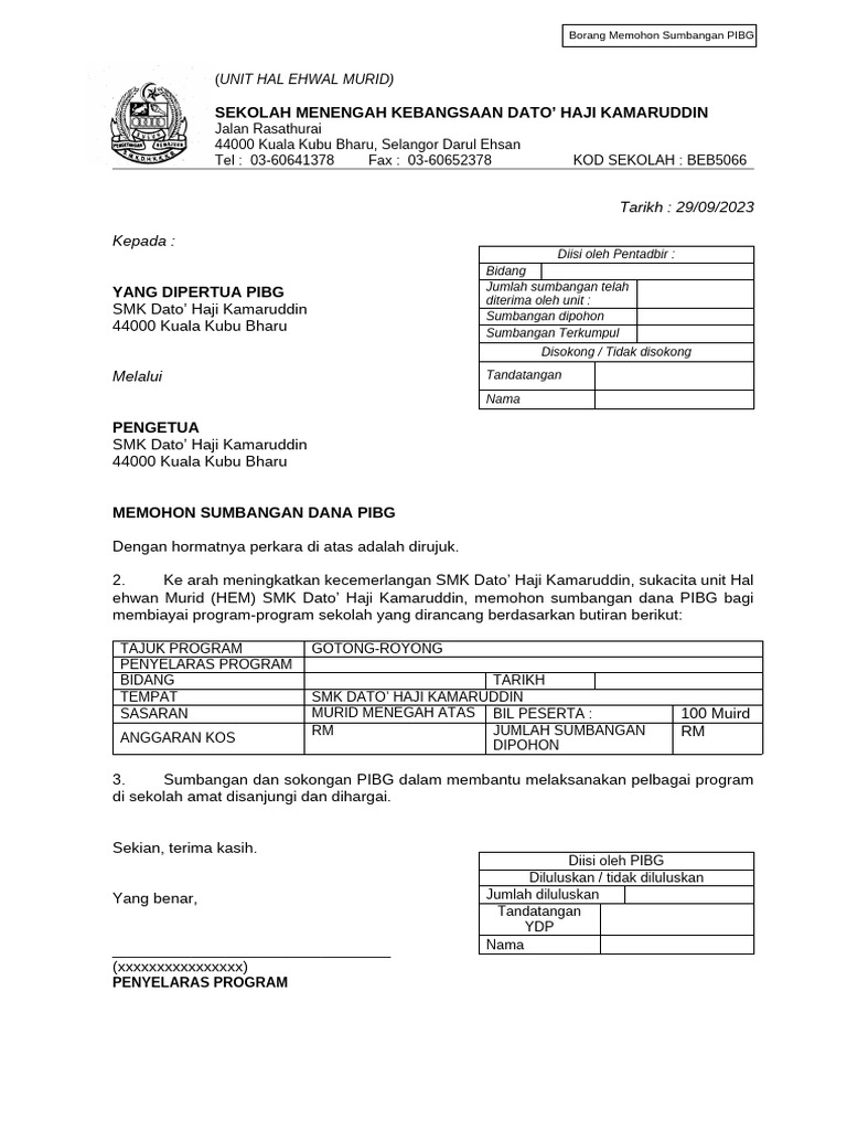 Borang Sumbangan PIBG | PDF