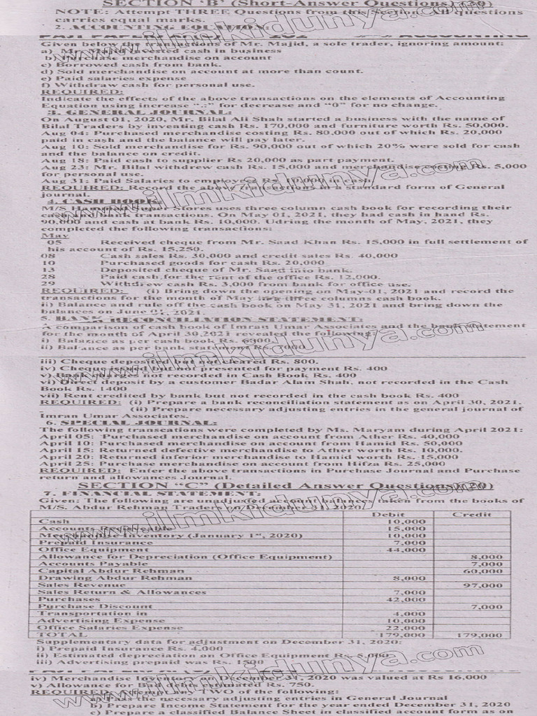 Past Papers 2021 Karachi Board ICom Part 1 Accounting English Medium ...